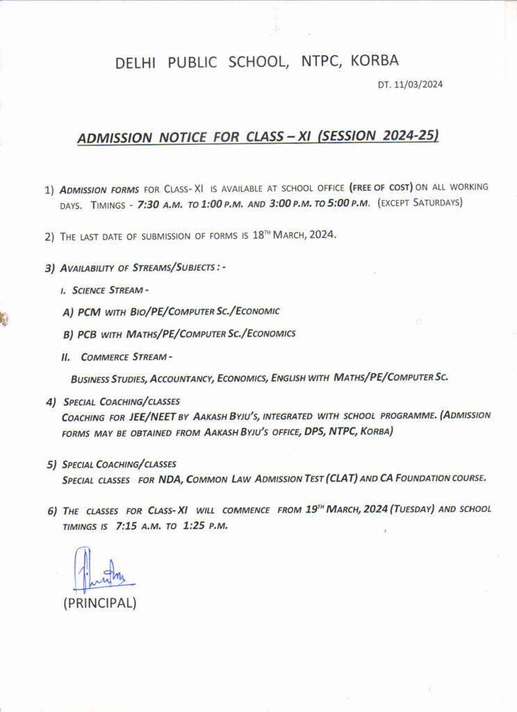 Admission Open For Class XI – DPS NTPC Korba